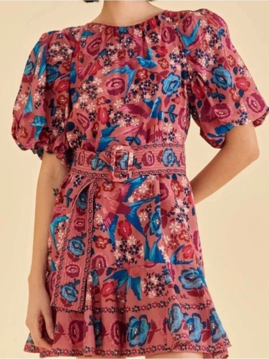 FARM Rio | Dresses | Farm Rio Floral Pink Puffsleeve Belted Mini Dress ...
